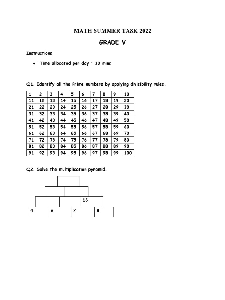Math Summer Task 2022 Grade V: Time Allocated Per Day: 30 Mins | PDF