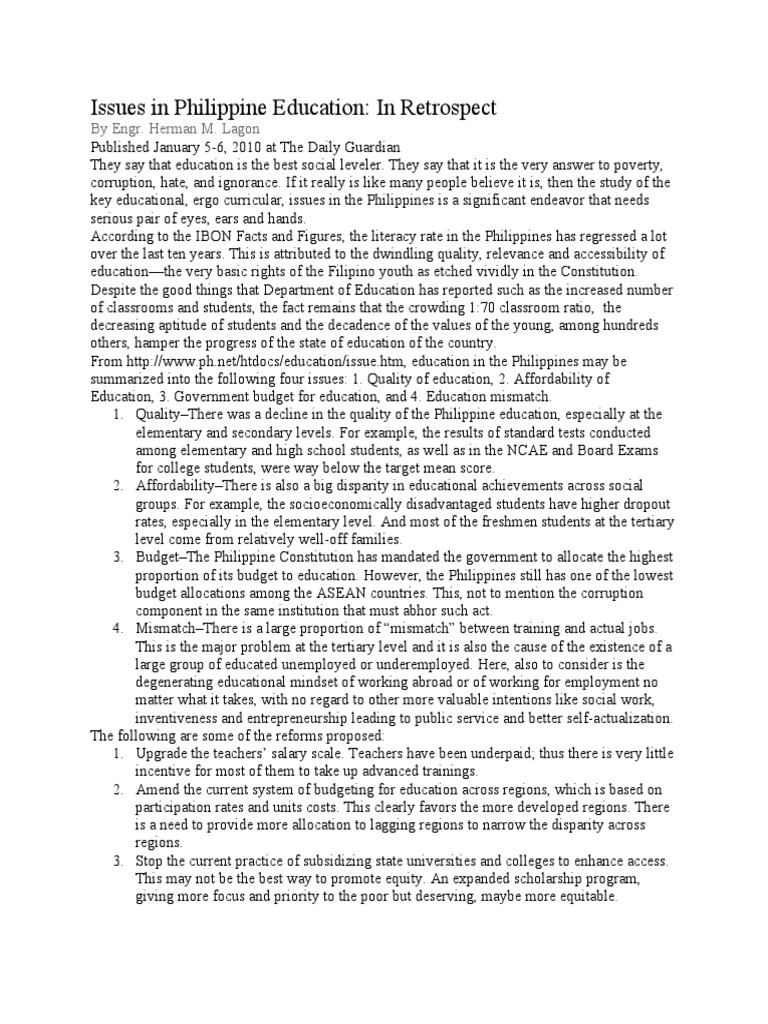 Column Article Re Issues in Philippine Education by Herman Lagon | PDF ...