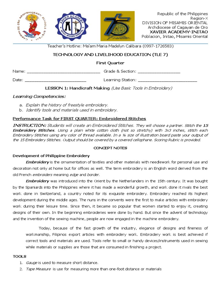 1st Quarter LESSON 1 HANDICRAFT MAKING Grade 7 | PDF | Yarn | Embroidery