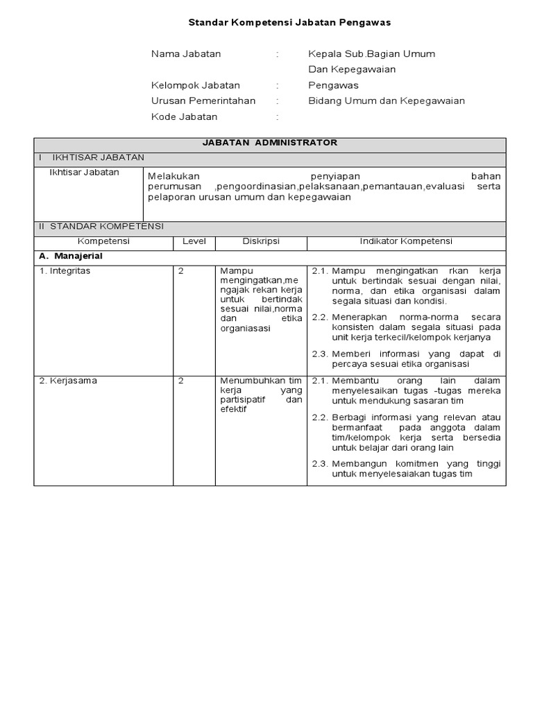 SKJ Kasubag Umum Dan Kepegawaian | PDF