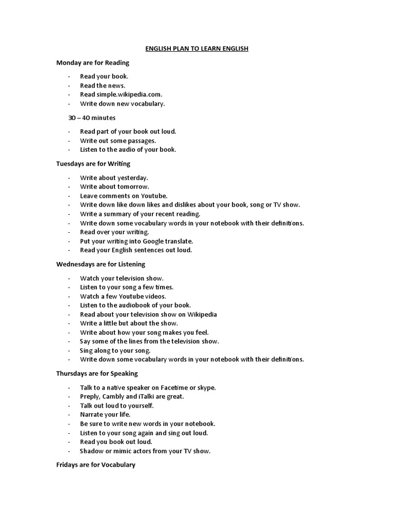 English Plan To Learn English | PDF