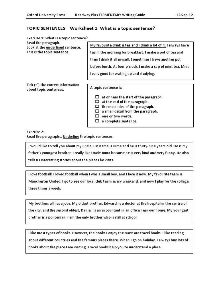TOPIC SENTENCES Worksheet 1: What Is A Topic Sentence? | PDF ...
