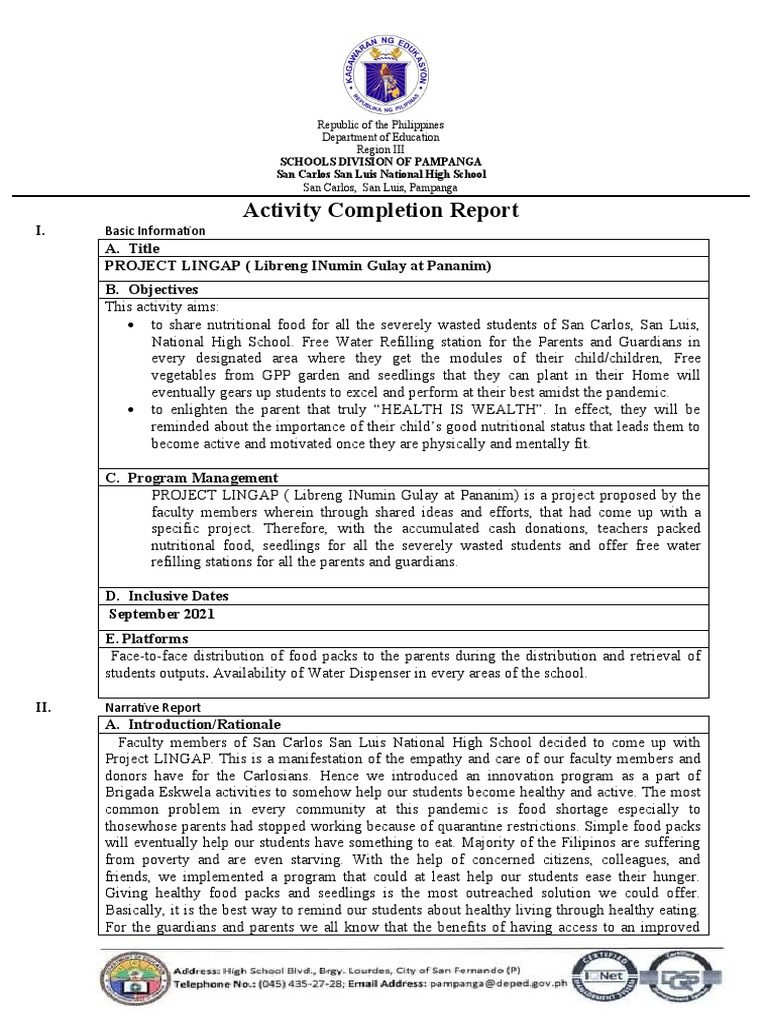 Activity Completion Report: Basic Information | PDF | Wash | Health ...