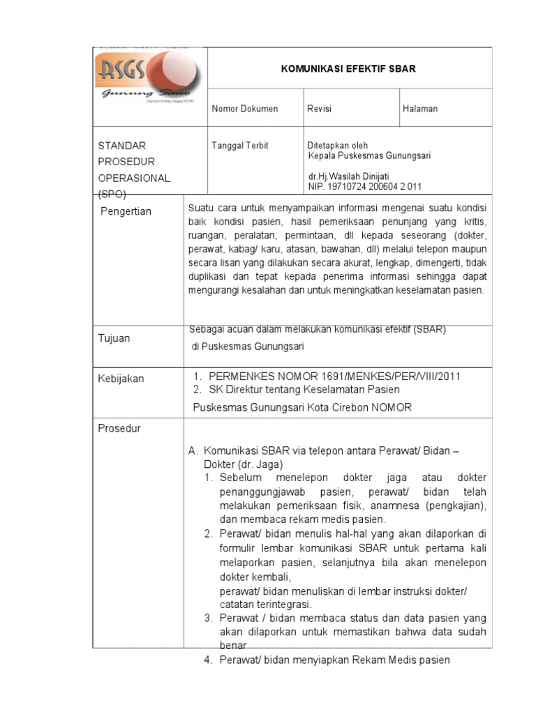 Prosedur Komunikasi Efektif SBAR di Puskesmas | PDF