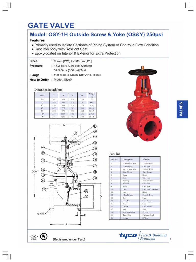 Gate Valves - OSY-1H (OS&Y) 250PSI | PDF | Valve | Screw