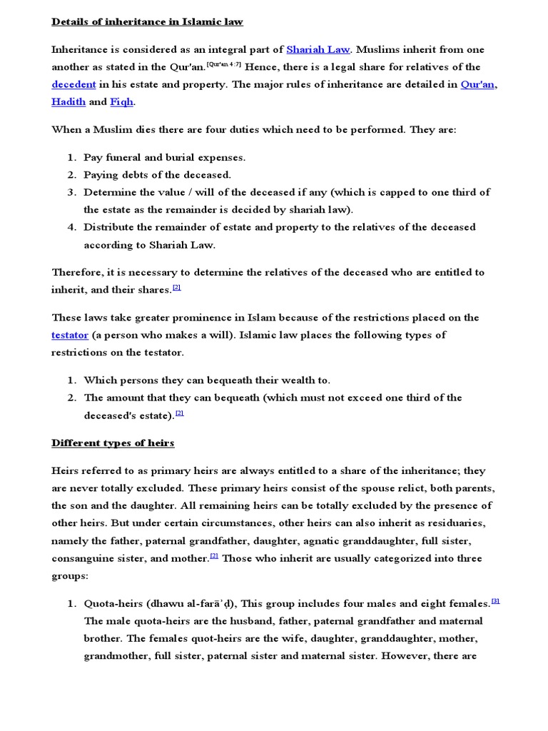 Details of inheritance in Islamic law | PDF | Inheritance | Kinship And ...
