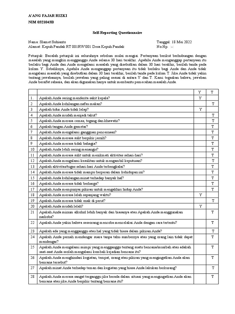 Self-Reporting Questionnaire A'ang | PDF