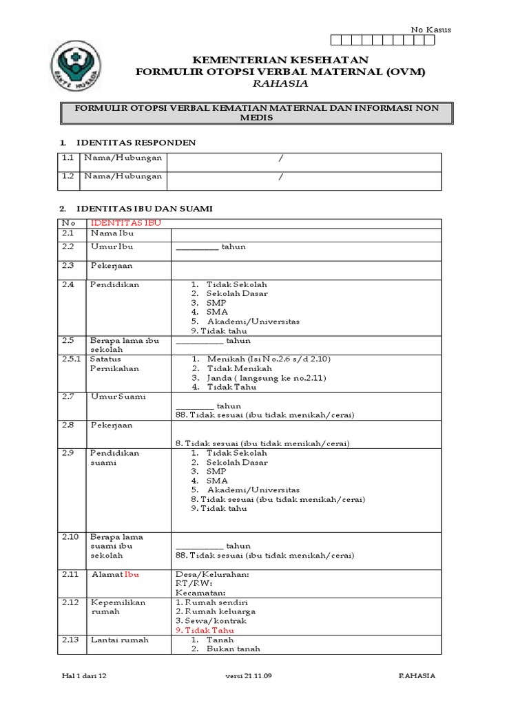 04 Formulir OVM Otopsi Verbal Maternal (Revisi 20100524) | PDF | Kesehatan Holistik