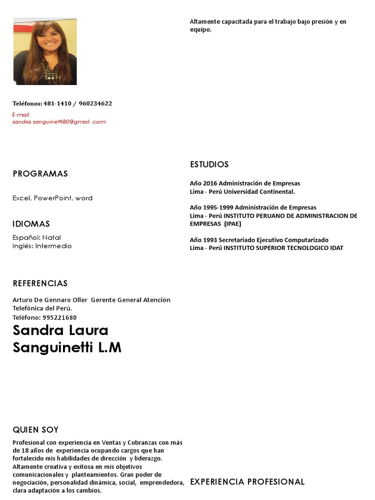 CV de Sandra Sanguinetti | PDF | Planificación | Centro de llamadas