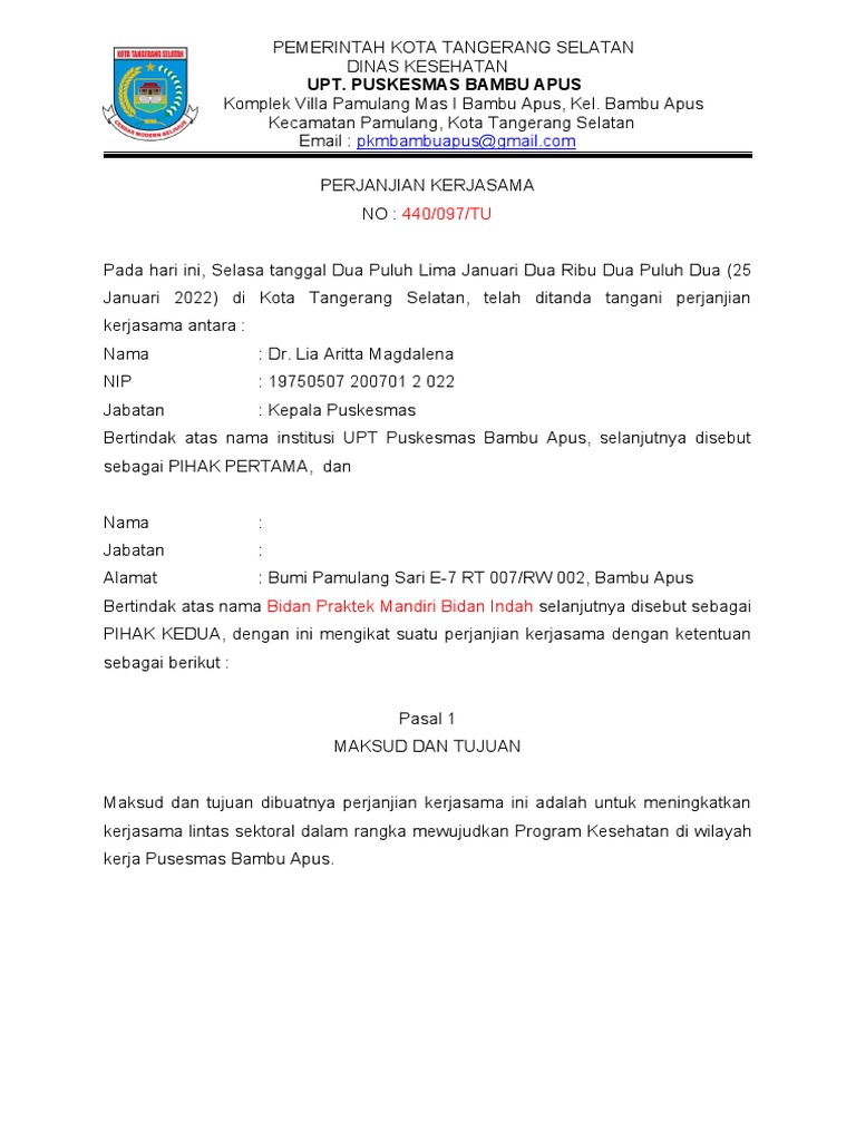 Perjanjian Kerjasama Puskesmas Bambu Apus | PDF