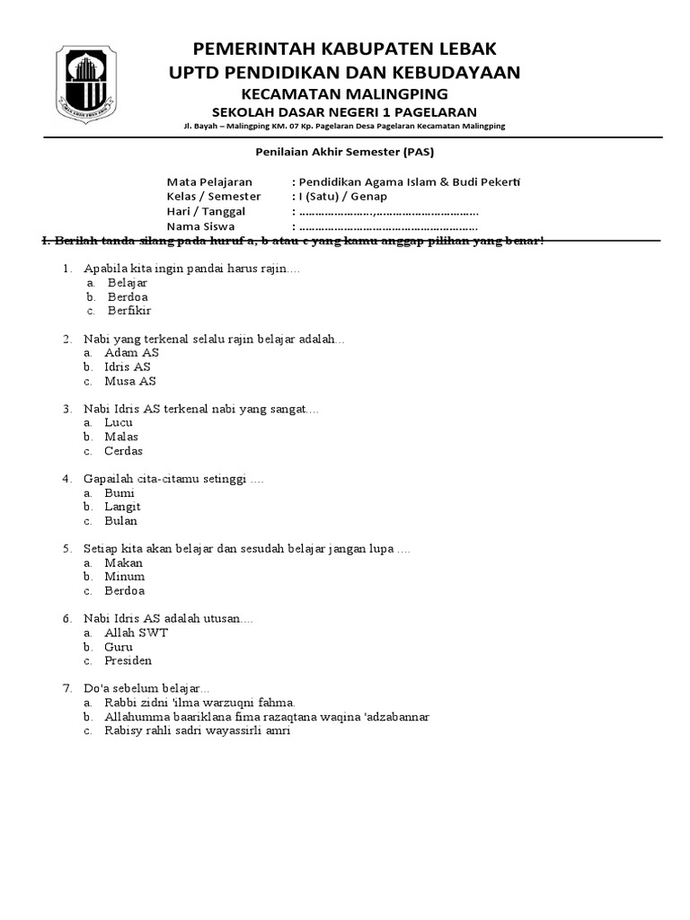 Soal PAT PAI Kelas 1 Semester 2 Kurikulum 2013 | PDF | Agama & Spiritualitas