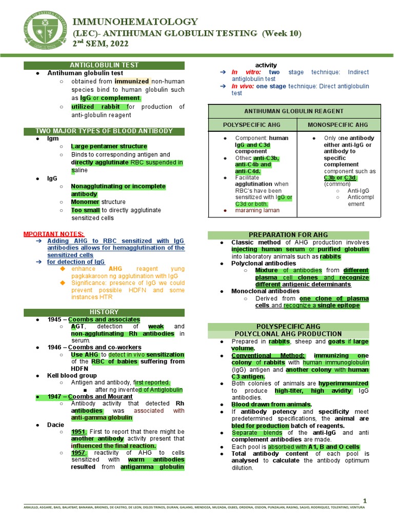 Week 10 - Antihuman Globulin Testing | PDF | Antibody | Immune System
