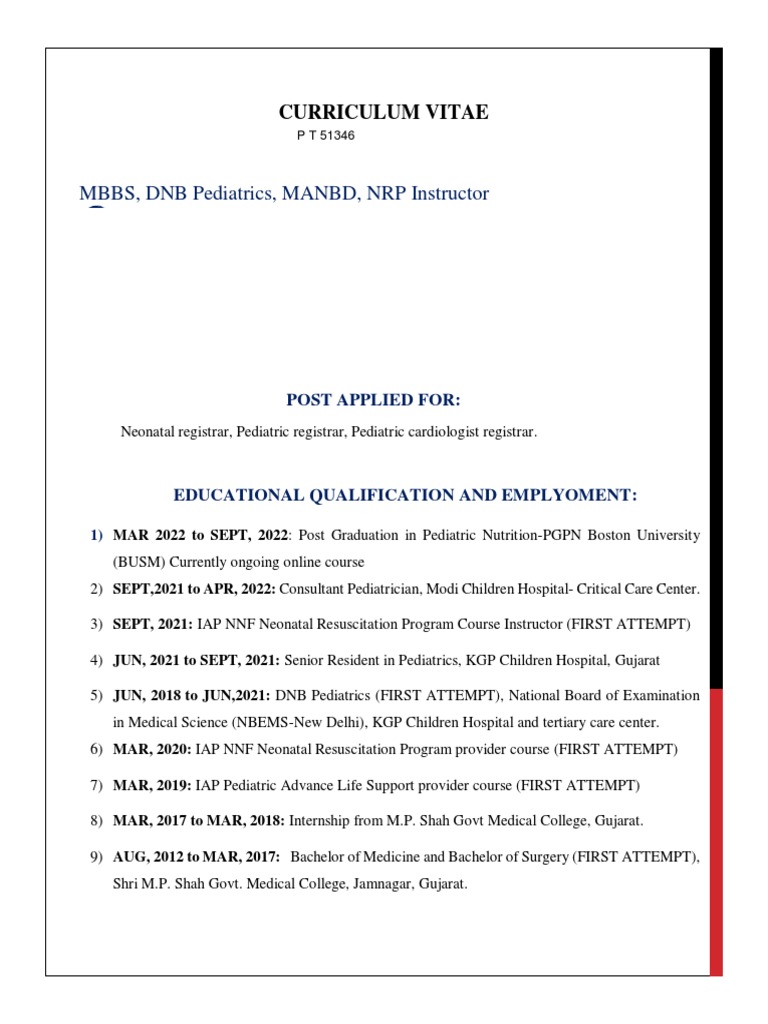 CURRICULUM VITAE DrParth Thakkar | PDF | Neonatology | Pediatrics