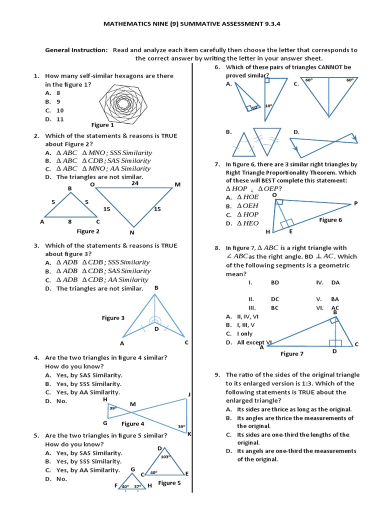 Mathematics Nine (9) Summative Assessment 9.3.4 | PDF | Triangle | Elementary Mathematics