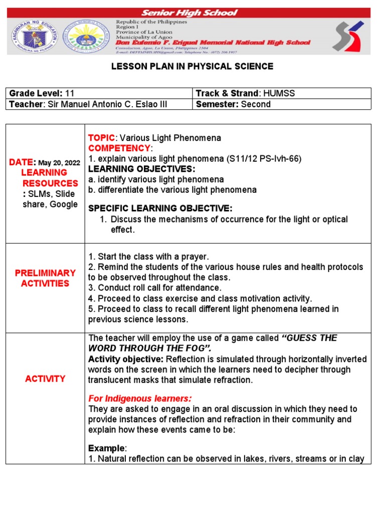 lesson plan for indigenous learners | PDF | Learning | Light