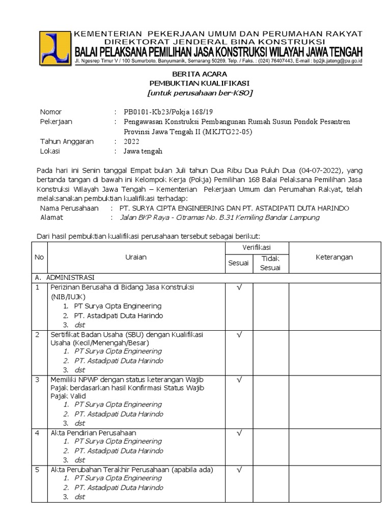 BA Pembuktian Kualifikasi Pokja 168 PT. Surya Cipta Engineering KSO | PDF