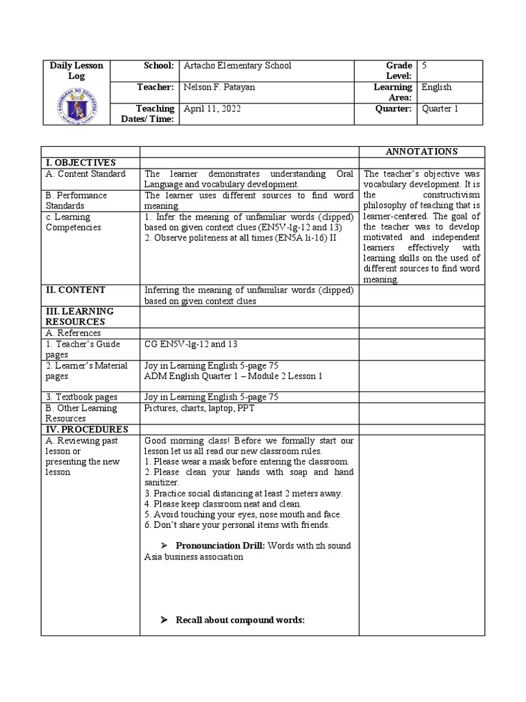 English 5 - Lesson Plan | PDF | Teachers | Learning