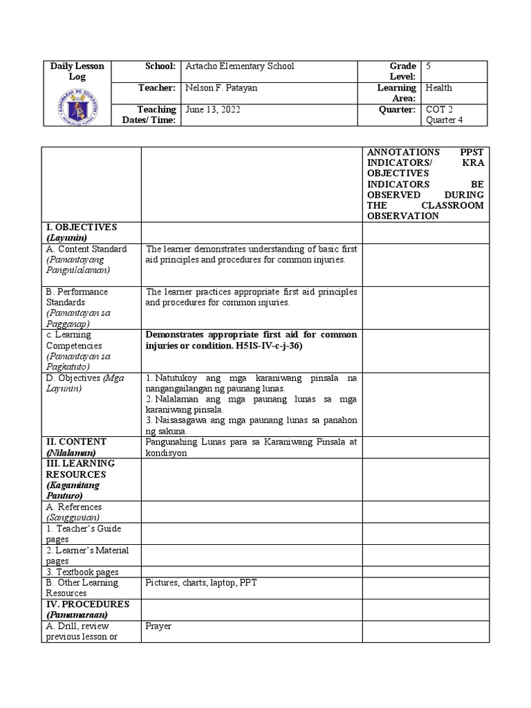 HEALTH 5 LESSON PLAN | PDF