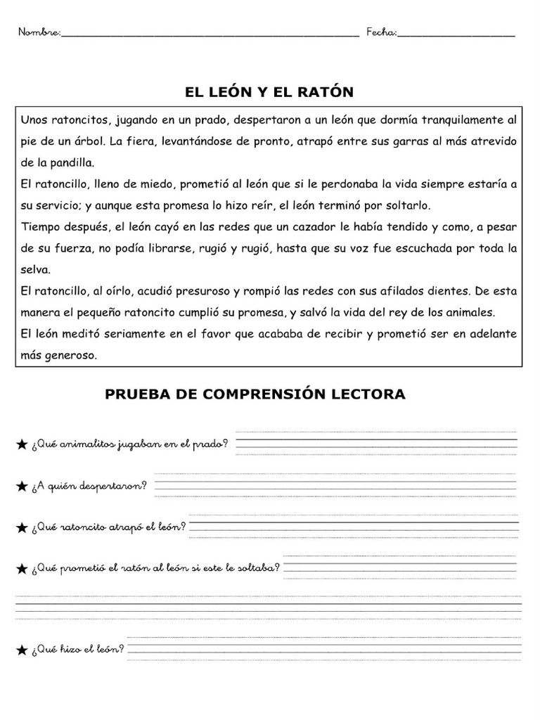 Comprensión Lectora: El León y el Ratón | PDF