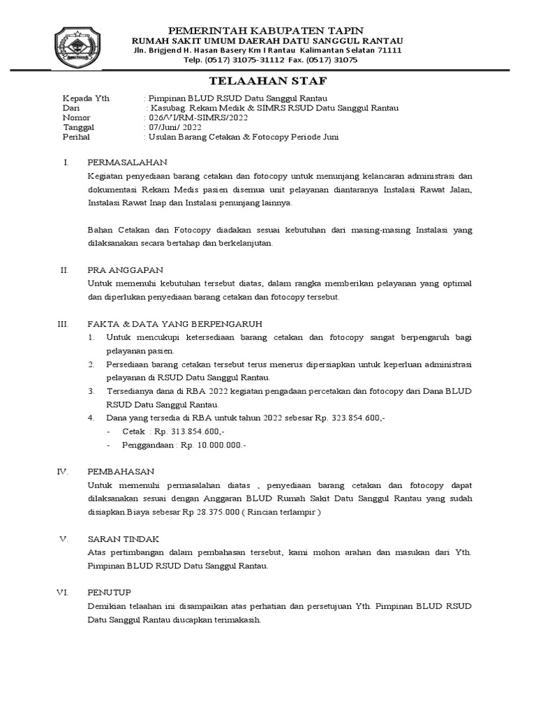 Contoh Telaahan Staf Percetakan | PDF
