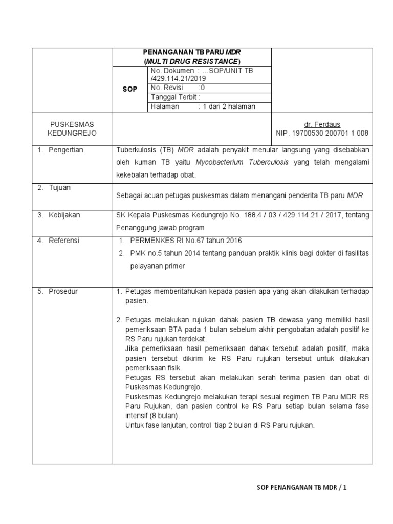 Sop Mdr Penanganan Tb Mdr Pdf