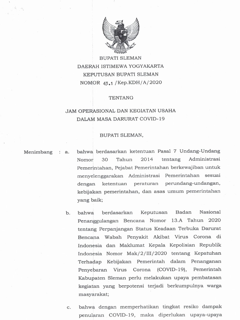 SK Bup Sleman 43.1 TTG Jam Buka New Normal | PDF