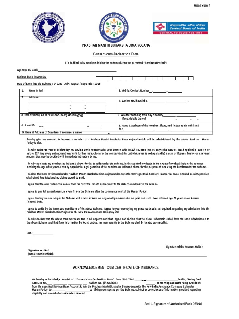 PMSBY Consent Form | PDF | Insurance | Government