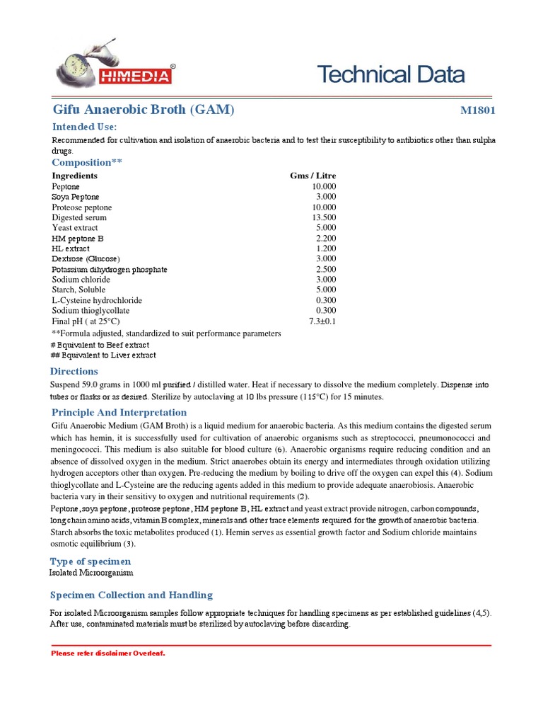 Gifu Anaerobic Broth (GAM) : Intended Use | Download Free PDF | Growth ...