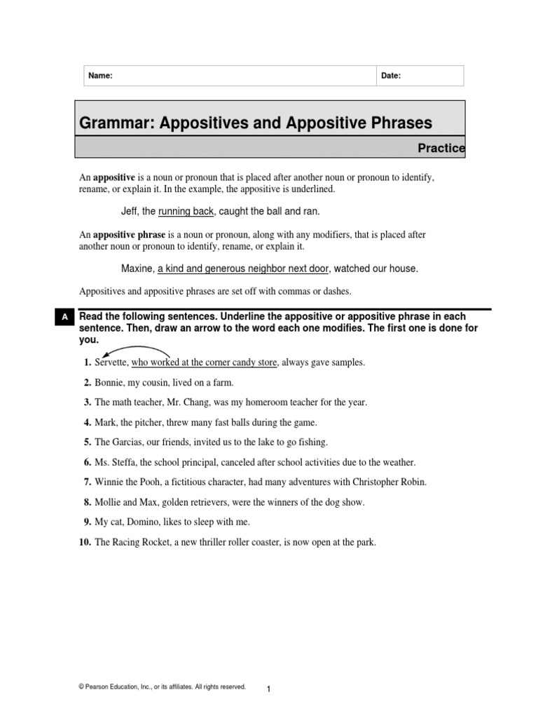 Grammar: Appositives and Appositive Phrases: Practice | PDF | Phrase ...