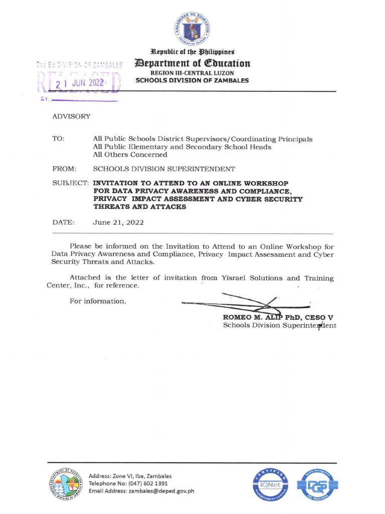 Advisory - Invitation To Attend To An Online Workshop For Data Privacy ...