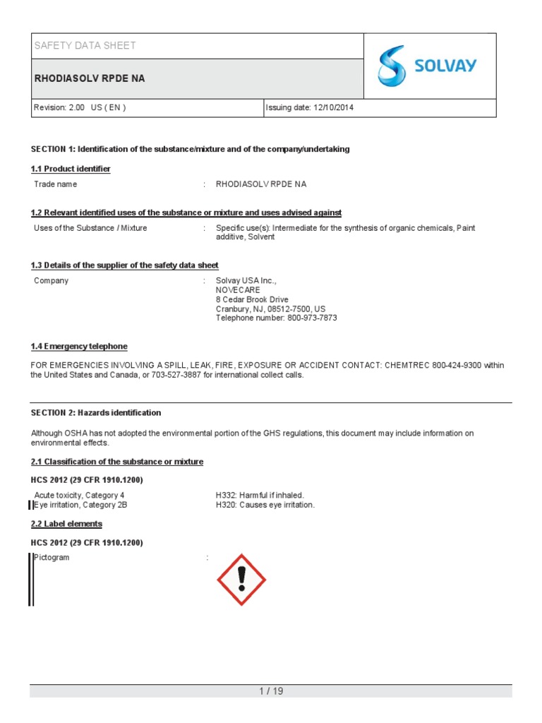 Rhodiasolv Rpde Na: Safety Data Sheet | PDF | Personal Protective ...