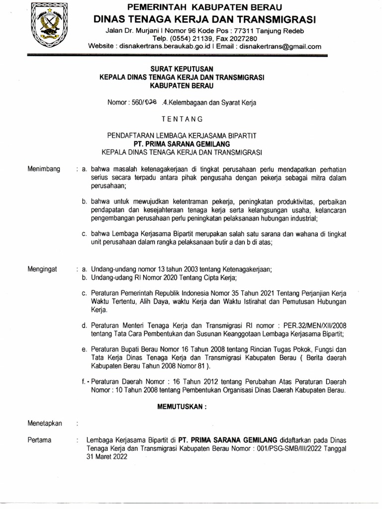 SK Bipartit PT Prima Sarana Gemilang Periode 06 April 2022 SD 06 April 2025 | PDF