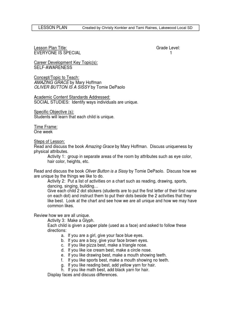 Grade 1 Lesson - Everyone Is Special | PDF | Lesson Plan | Cognition