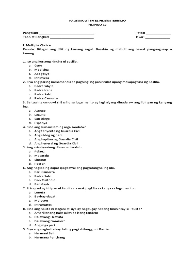 Pagsusulit Sa El Filibusterismo | PDF
