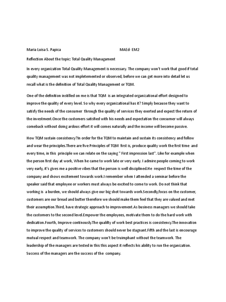 Reflection Paper For TQM | PDF