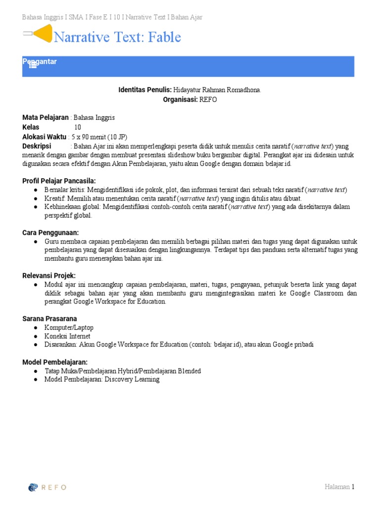 Bahasa Inggris - Bahan Ajar - 10 - Narrative Text-Fable | PDF
