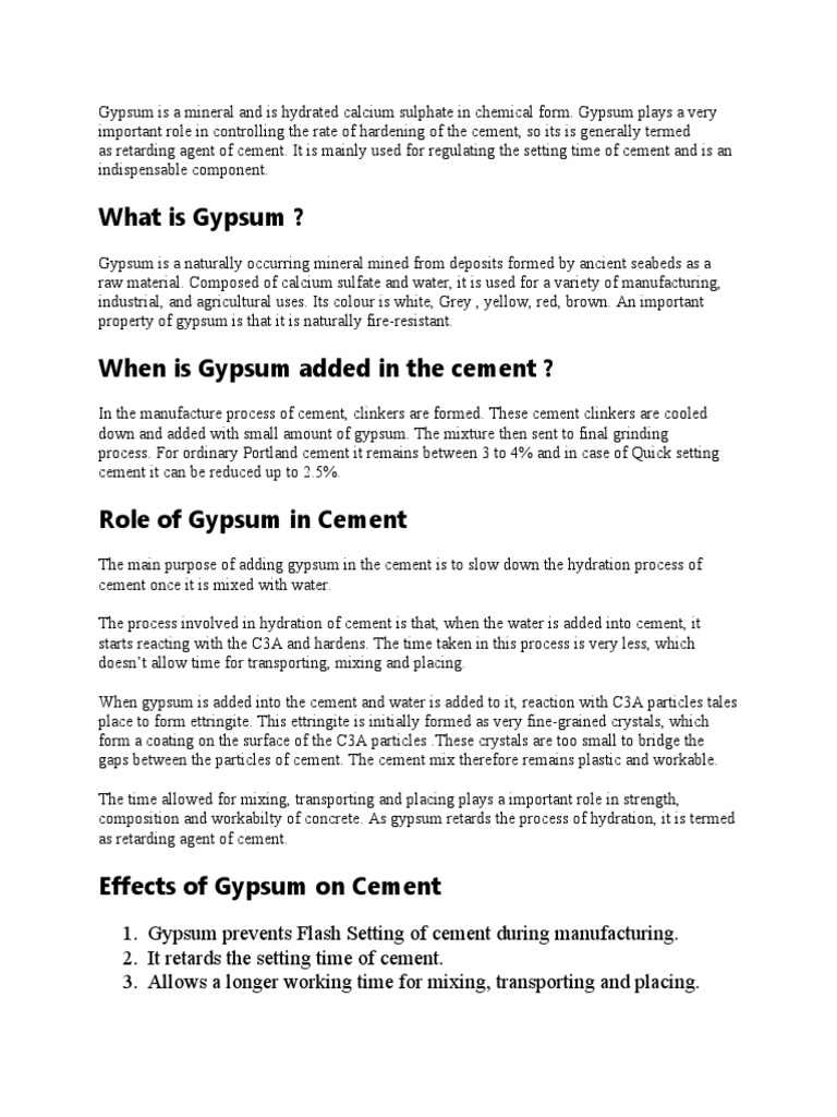 Role of Gypsum in Cement Production | PDF | Cement | Drywall