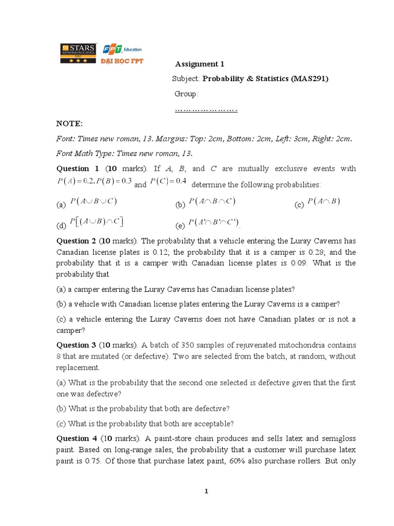 Assignment 1 MAS291 | PDF | Probability Distribution | Probability Theory