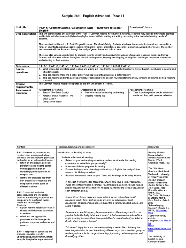 Sample Unit - English Advanced - Year 11 - : Year 11 Common Module ...