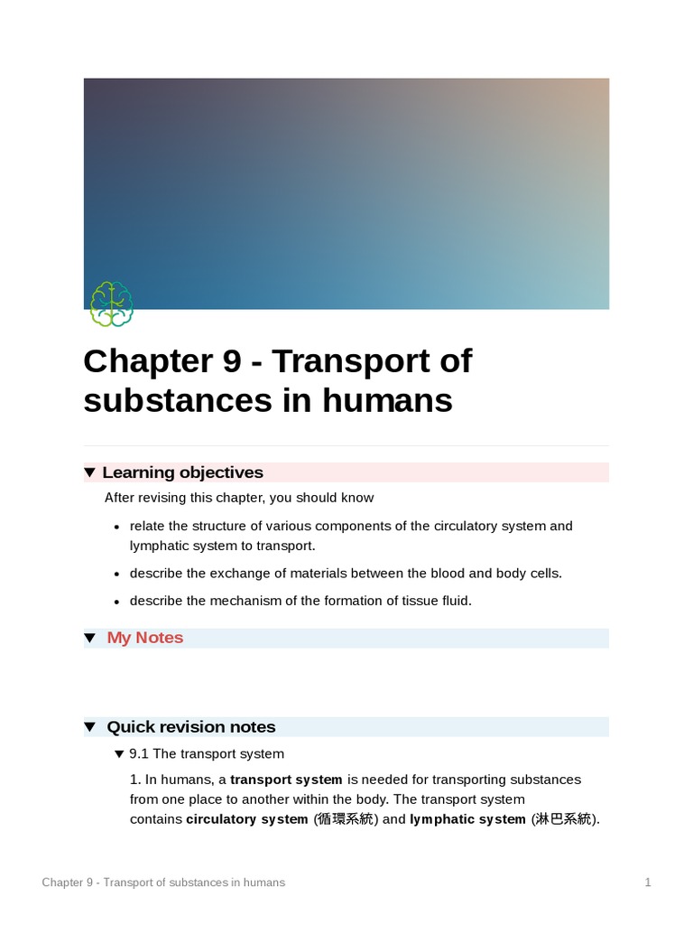 Chapter 9 - Transport of Substances in Humans: Learning Objectives ...