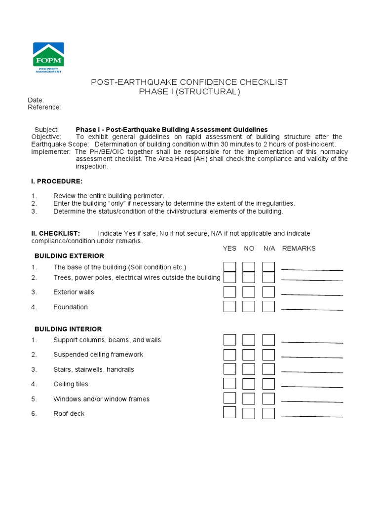 Post Earth Quake Checklist | PDF | Stairs | Safety