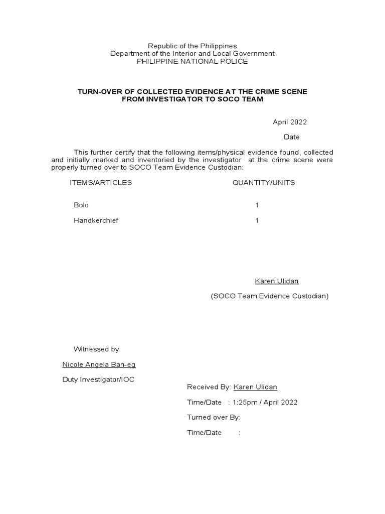 CSI Form 3 Turn-Over of Collected Evidence From Investigator To SOCO ...