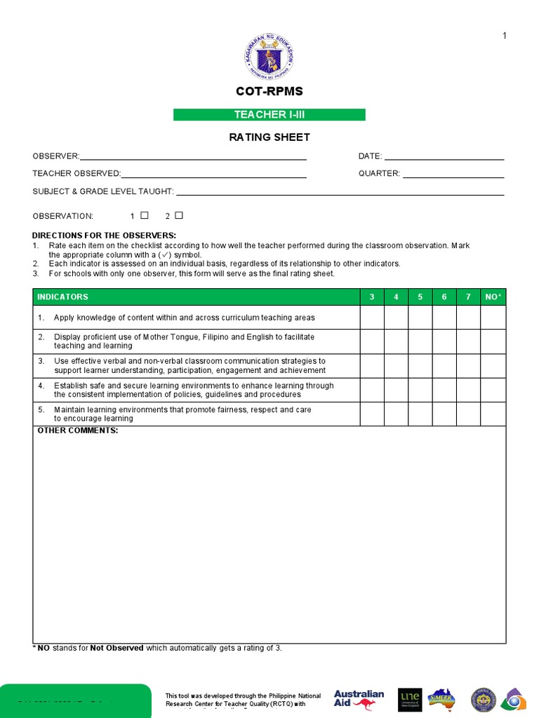 Appendix 3C COT RPMS Rating Sheet For T I III For SY 2021 2022 in The ...
