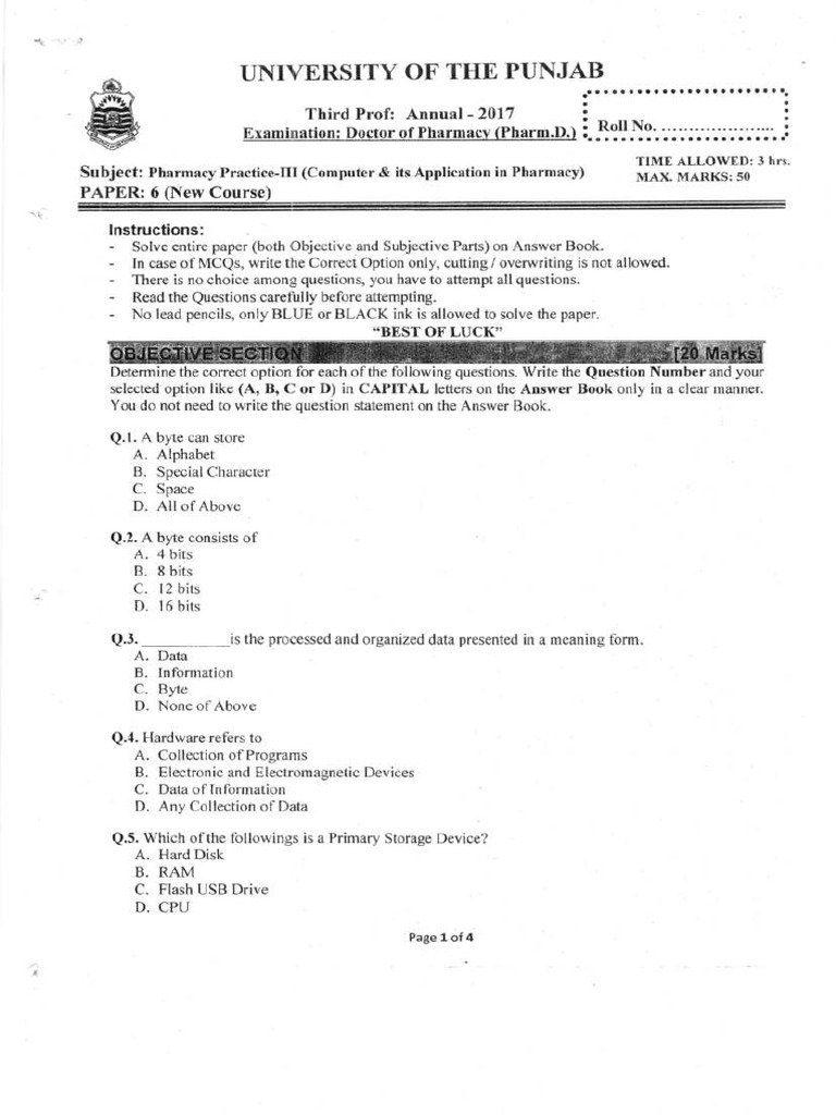 PharmD-3rd-Prof-Past Papers | PDF | Computer Data Storage | Read Only Memory