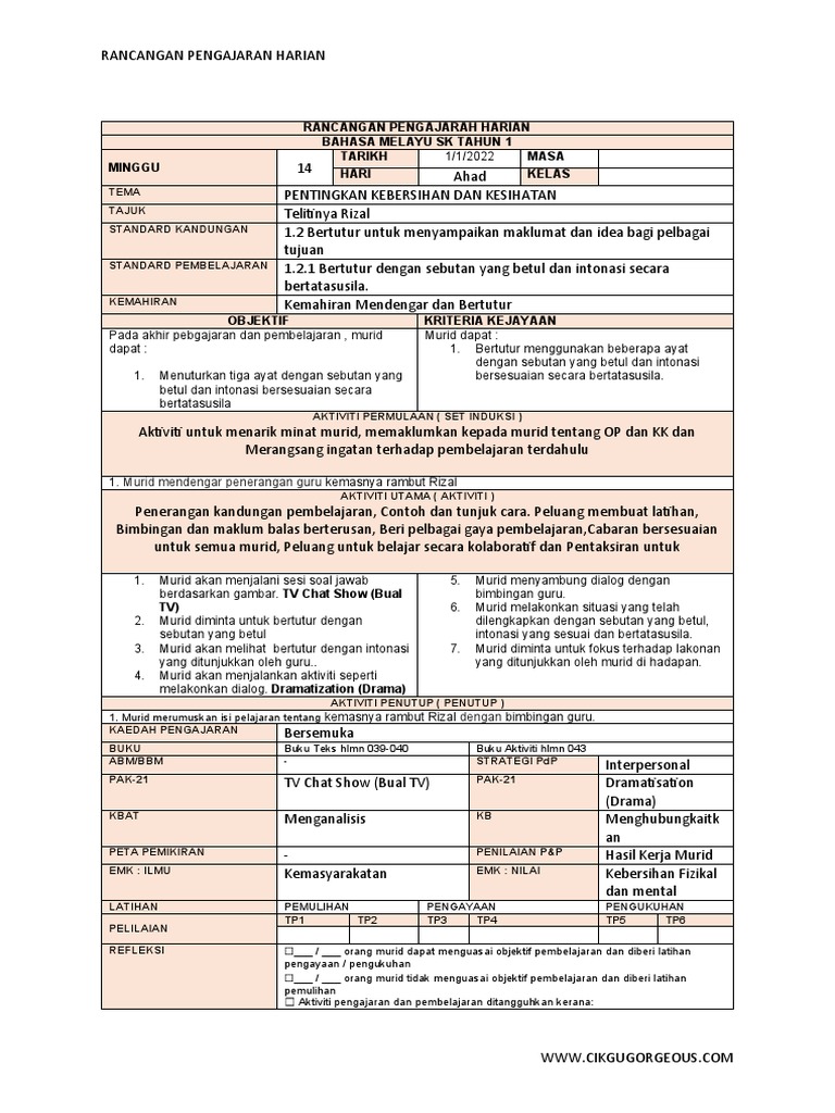 RPH Minggu 14 BM THN 1 | PDF