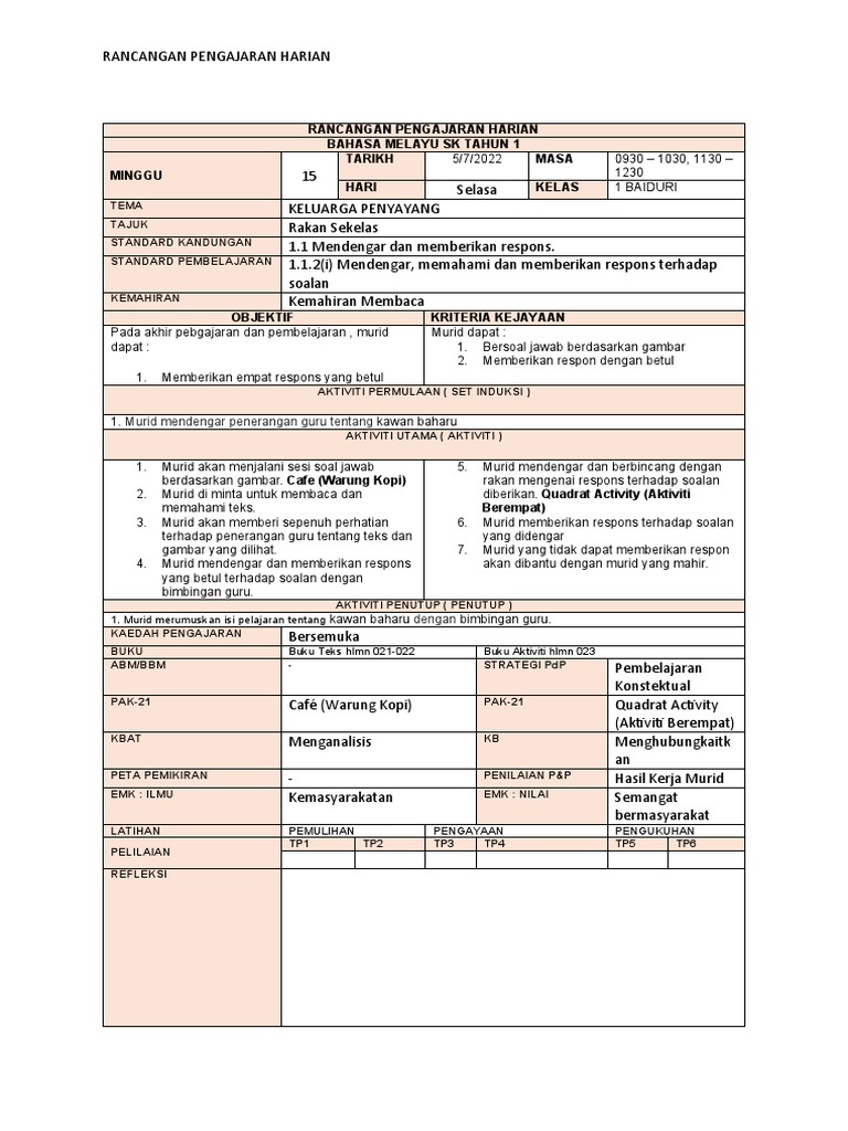 RPH Minggu 10 BM THN 1 | PDF