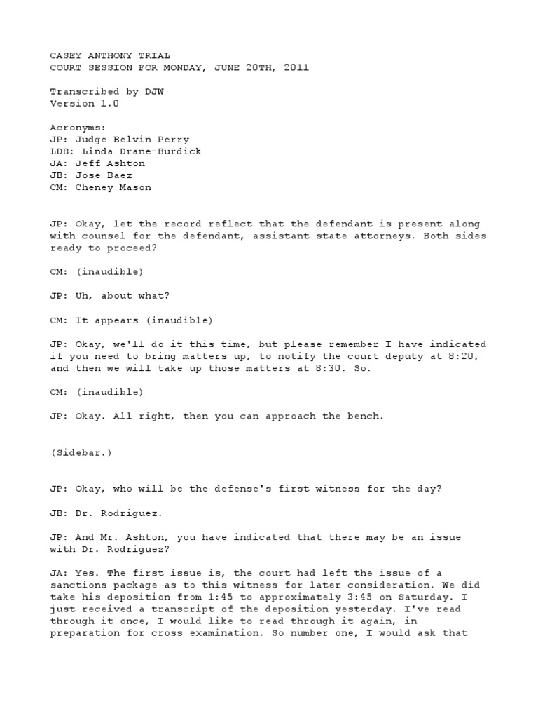 Casey Anthony Trial - Proceedings For 6/20/11 | PDF | Deposition (Law) | Expert