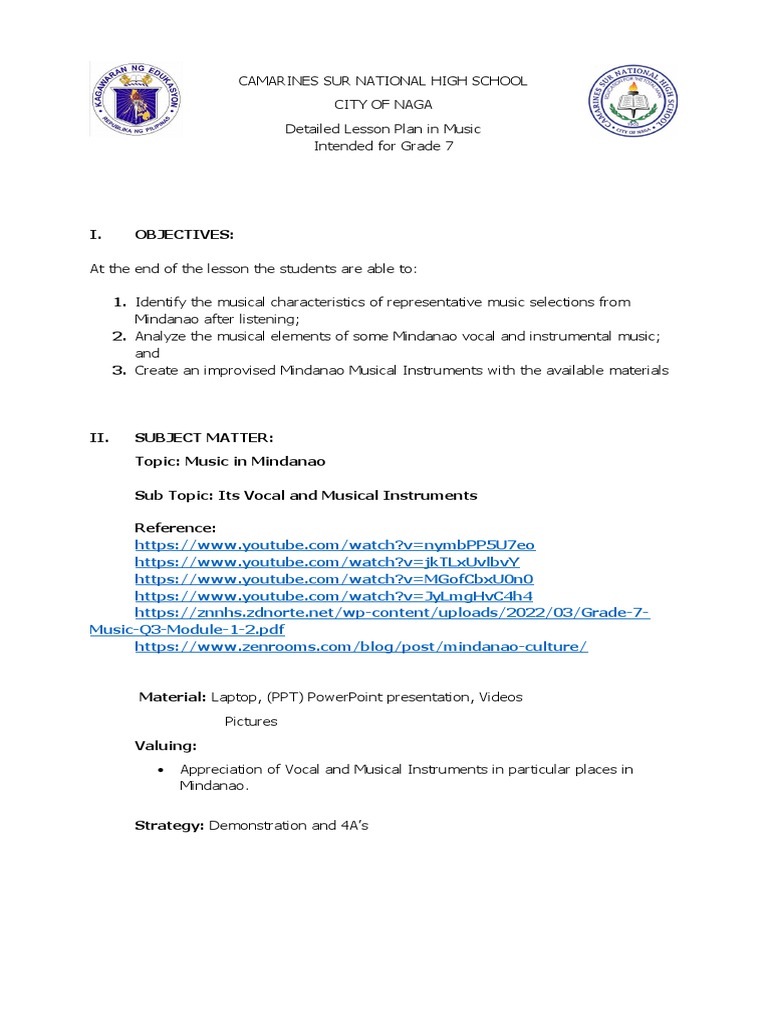 Lesson Plan in MUSIC (Grade 7) | PDF | Tempo | Harmony