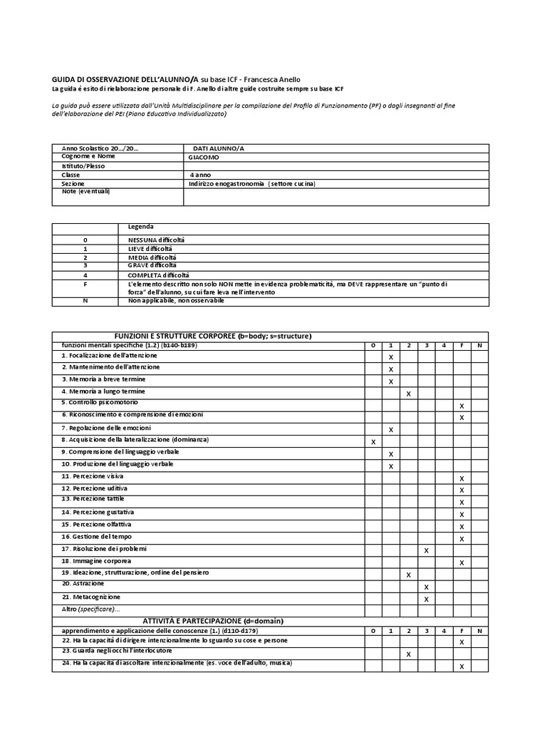 XYZ Osservazione Alunno Su Base ICF | PDF