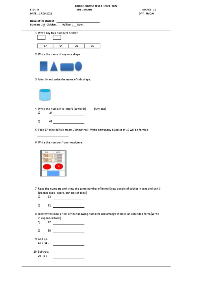 7.maths - Bridge Course Test 1 Question Paper (3RD-2021-2022) | PDF ...